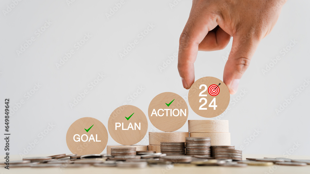 2024 business goals, new start-up planning ideas Wooden cubes with ...