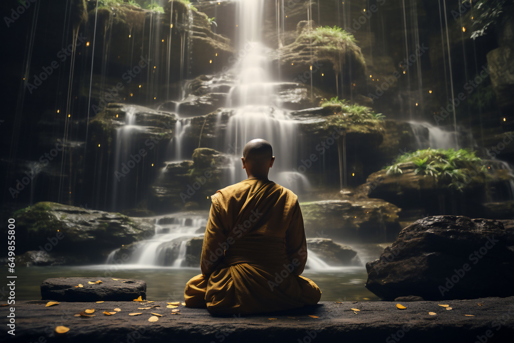 A traditional clothed spiritual monk is visualize with a concentrated ...