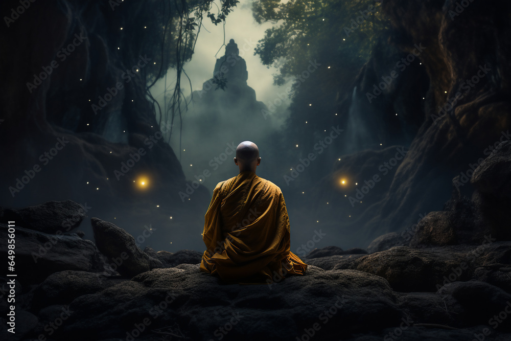 A traditional clothed religious monk is visualize with a concentrated ...