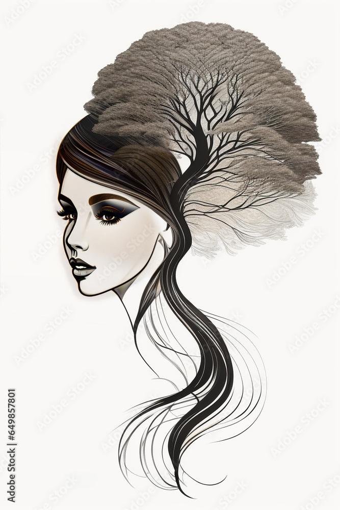 A drawing of a beautiful woman merging with a stylized tree. Generative ...