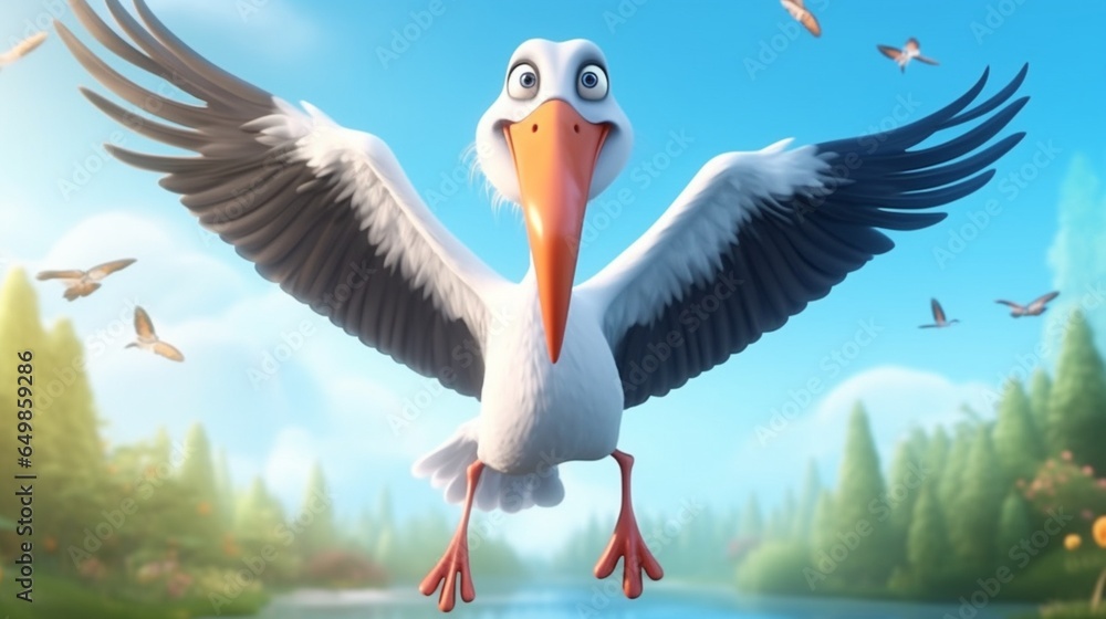 Flying smiling stork in cartoon style Generative Ai Stock Illustration ...