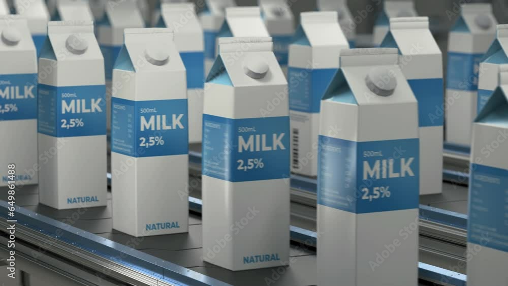 Milk Cartons Advancing On Conveyor Production Line At Factory. Conveyor ...