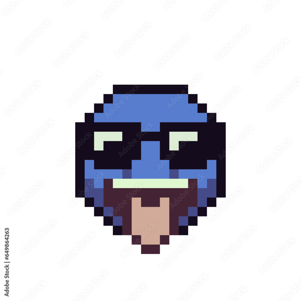 Cool dude in eyeglasses smile, blue funny face shows tongue, pixel art ...