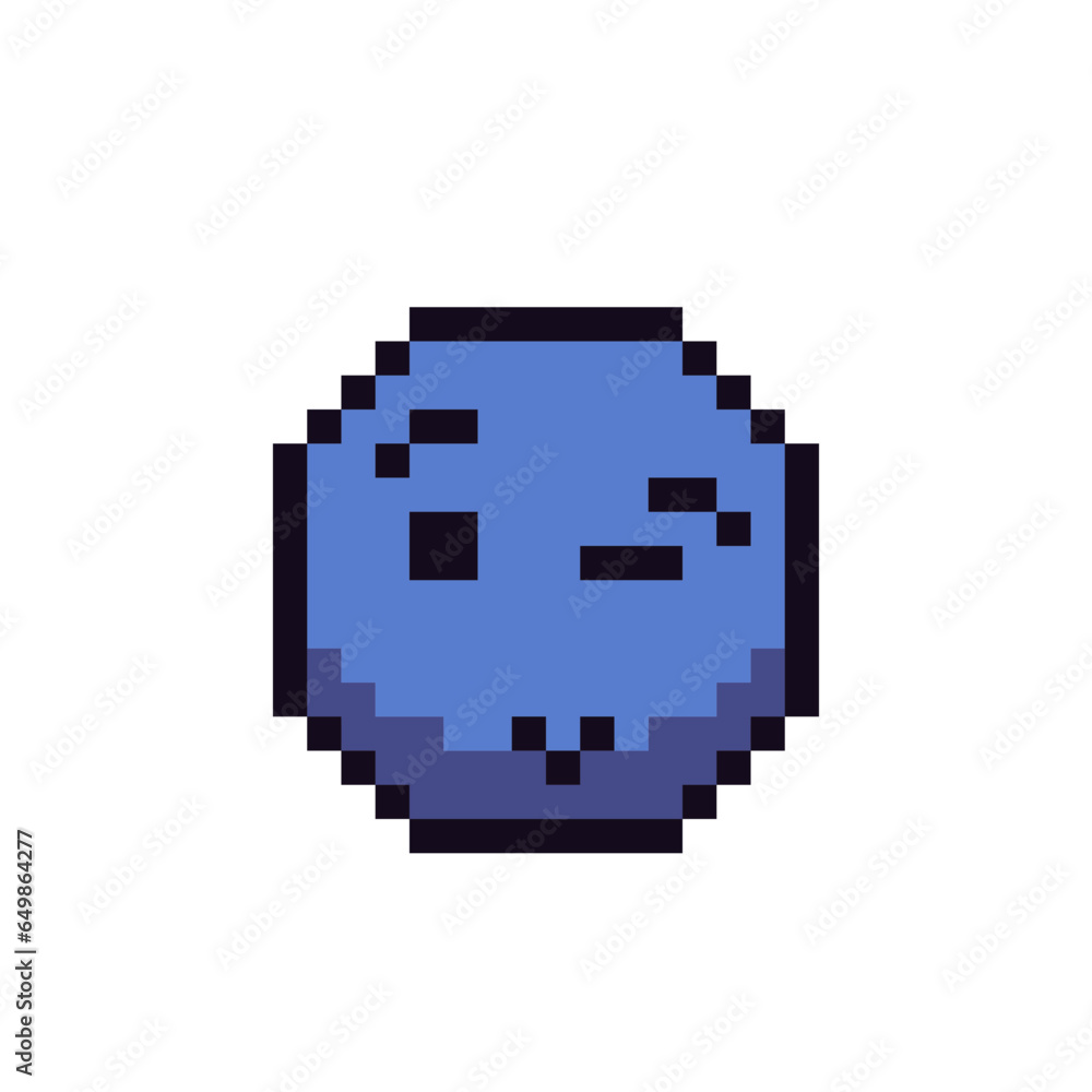Blue emoticon with winking face and one eyebrow raised pixel art icon ...