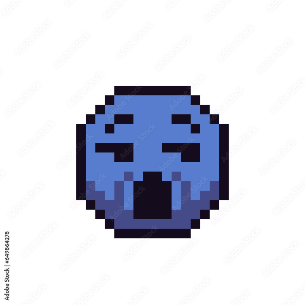 Sad emoticon, upset blue face with slack jaw pixel art icon. Cartoon ...