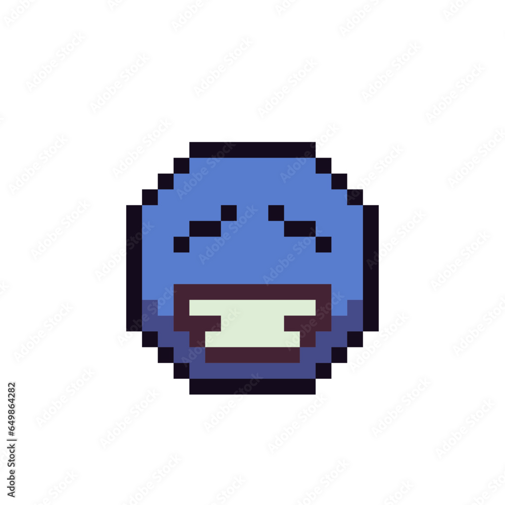 Happy face with smile and closed eyes pixel art icon. Cartoon giggles ...