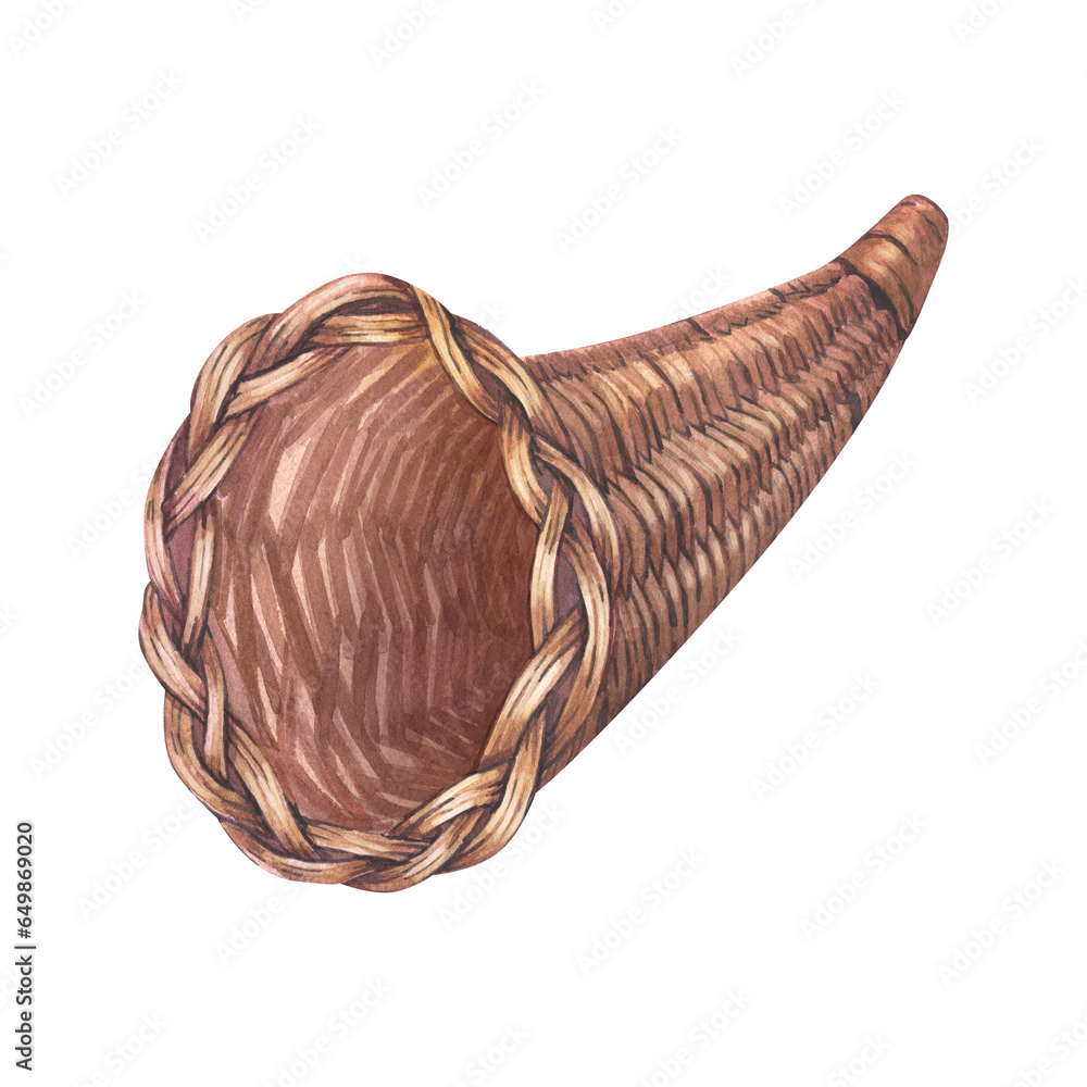 Watercolor an empty cornucopia, realistic horn of plenty symbol ...