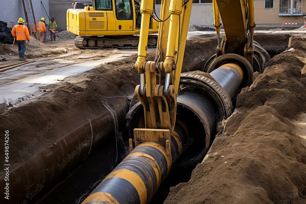 Underground sewer pipe installation using tower crane, excavator, and ...