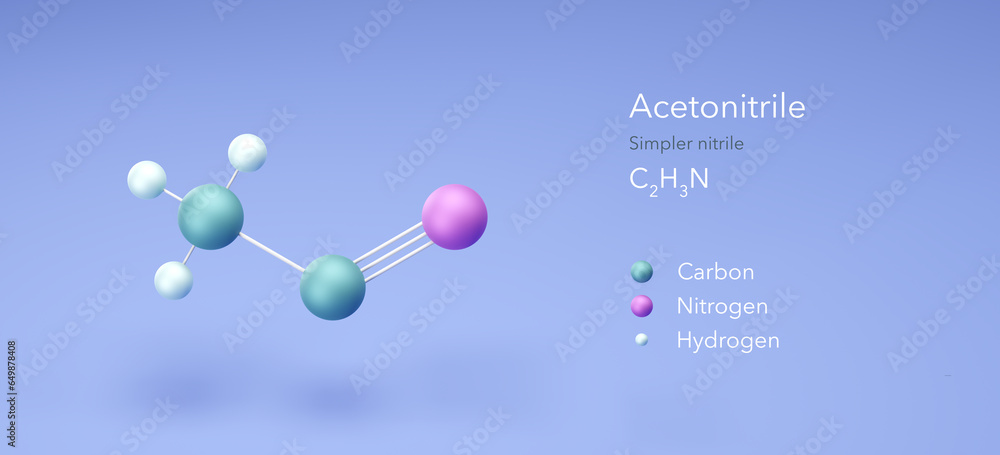 acetonitrile molecule, molecular structures, organic nitrile, 3d model ...
