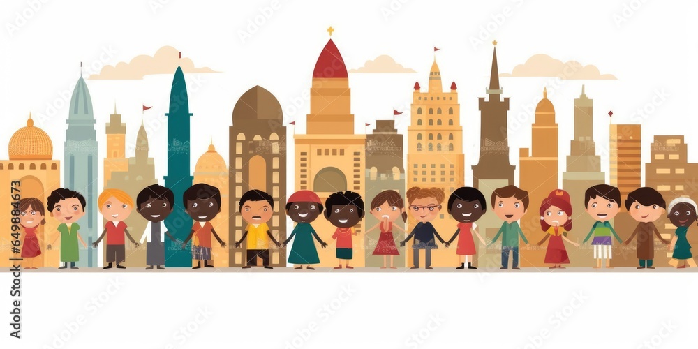 multicultural diverse children cartoon with city skyline of world ...