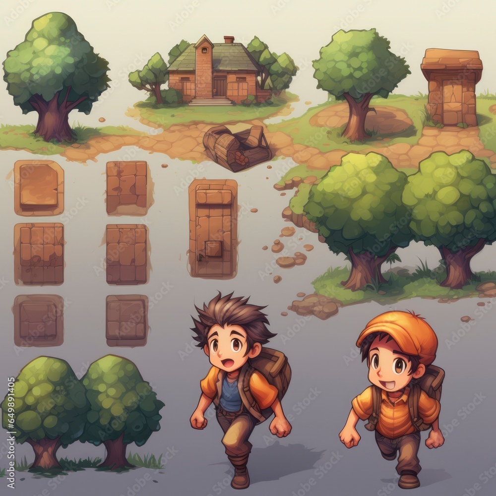 an asset pack for 2D video game of a boy running, boy is seen from the ...