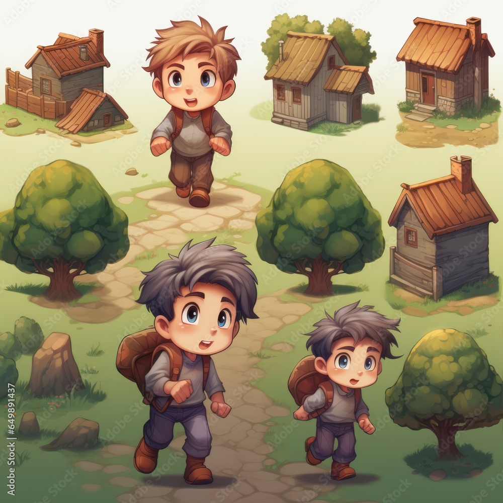 an asset pack for 2D video game of a boy running, boy is seen from the ...