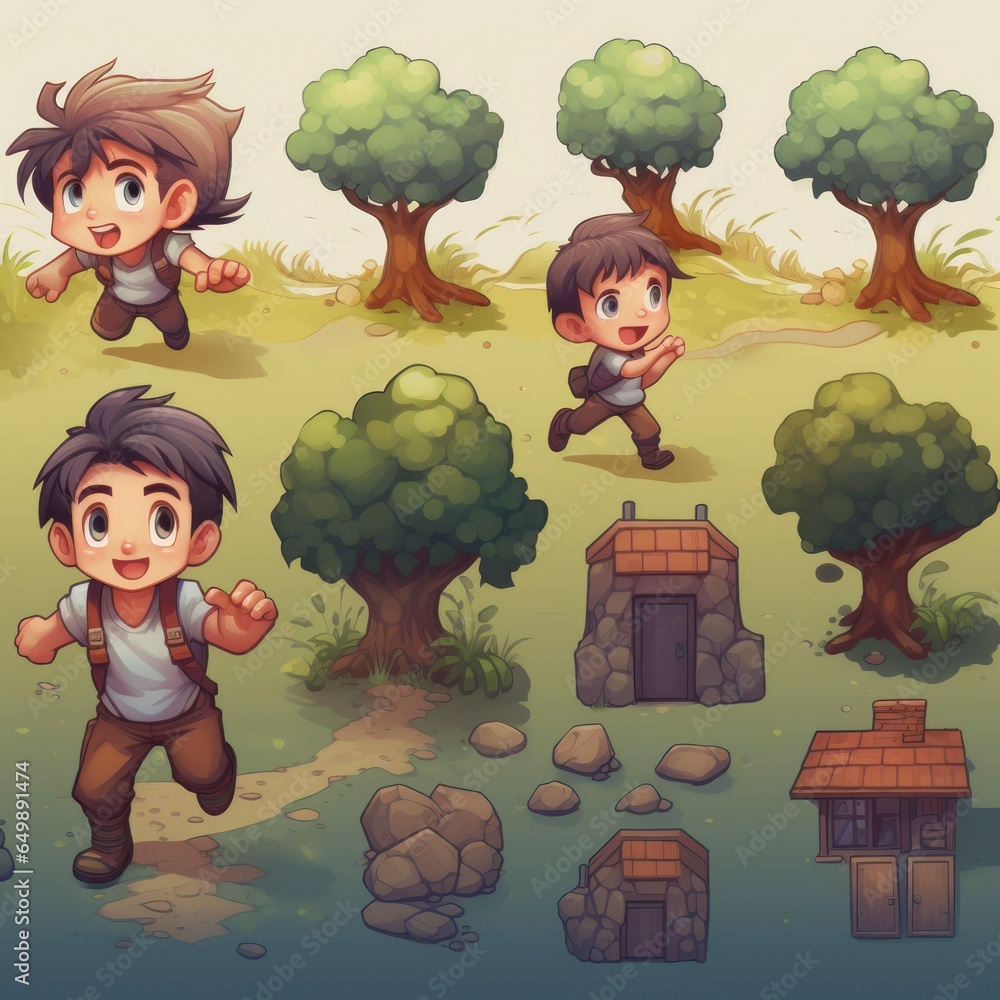 an asset pack for 2D video game of a boy running, boy is seen from the ...
