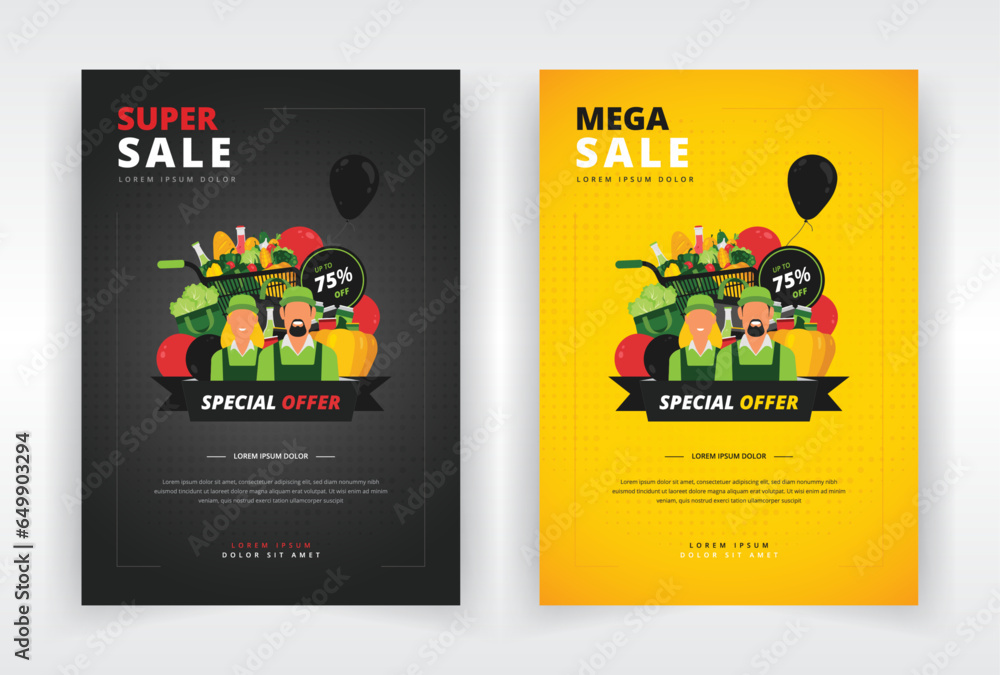Poster, flyer or leaflet template with a design of smiling shop workers ...