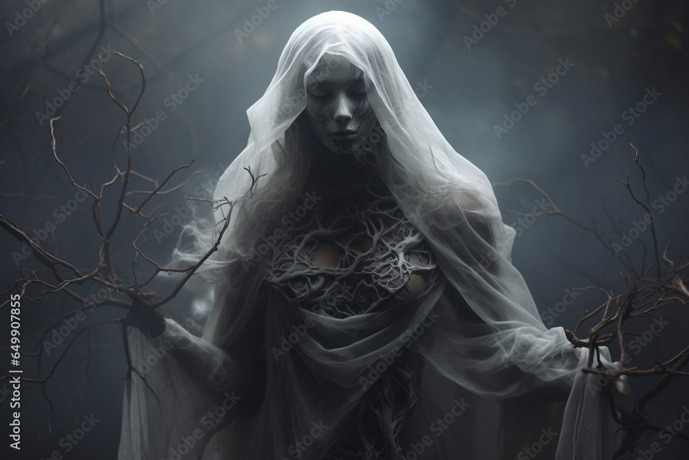 States of mind, horror, sci-fi concept. Female forest creature, wraith ...