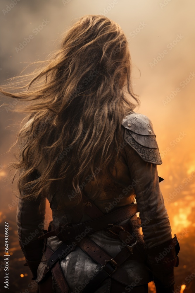 long haired pretty woman knight soldier rear back view overlooking a ...