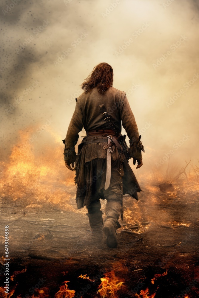 full view from the back of a handsome long haired man knight soldier ...