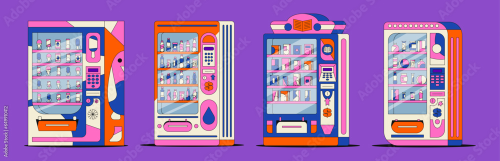 Retro vending machine with food, snacks and drinks. Automatic square ...