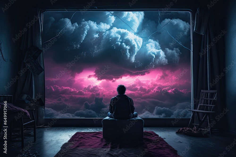 Man sitting in front of the window and looking at the night sky, an emo ...