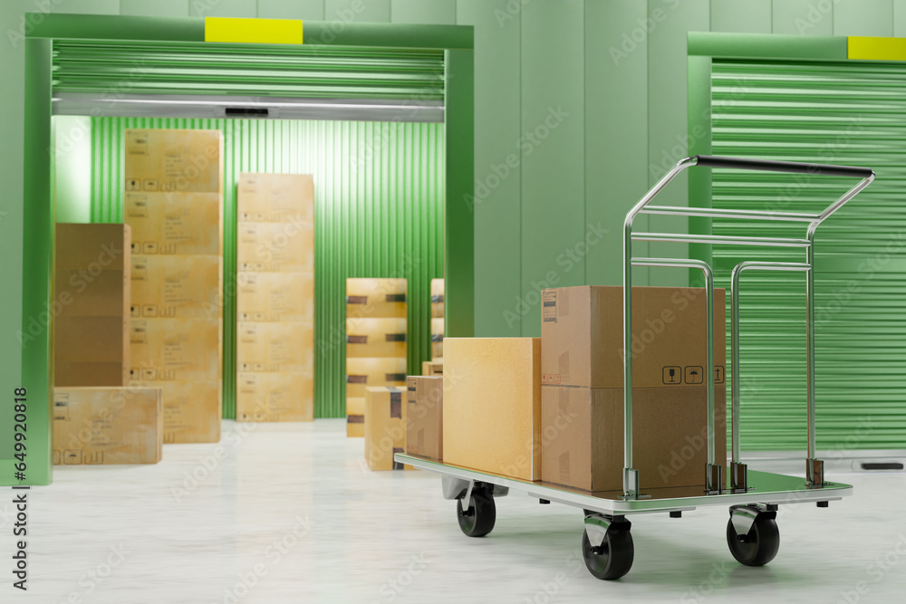 Zdjęcie Stock: Storage unit with boxes. Cargo trolley with parcels ...