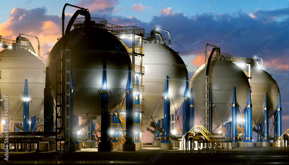 Oil refinery. Modern factory on summer evening. Manufactory with ...