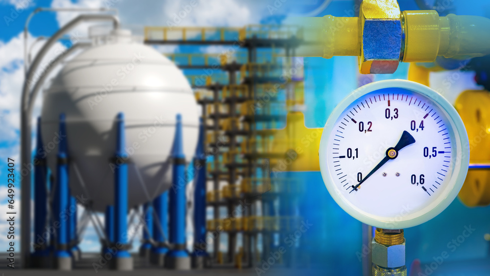 High pressure tank. Mechanical manometer on pipe. BPVC tank. Industrial ...