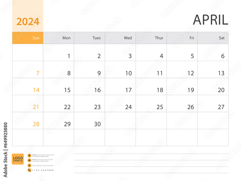Monthly calendar template for 2024 year, April design, Planner, Desk ...