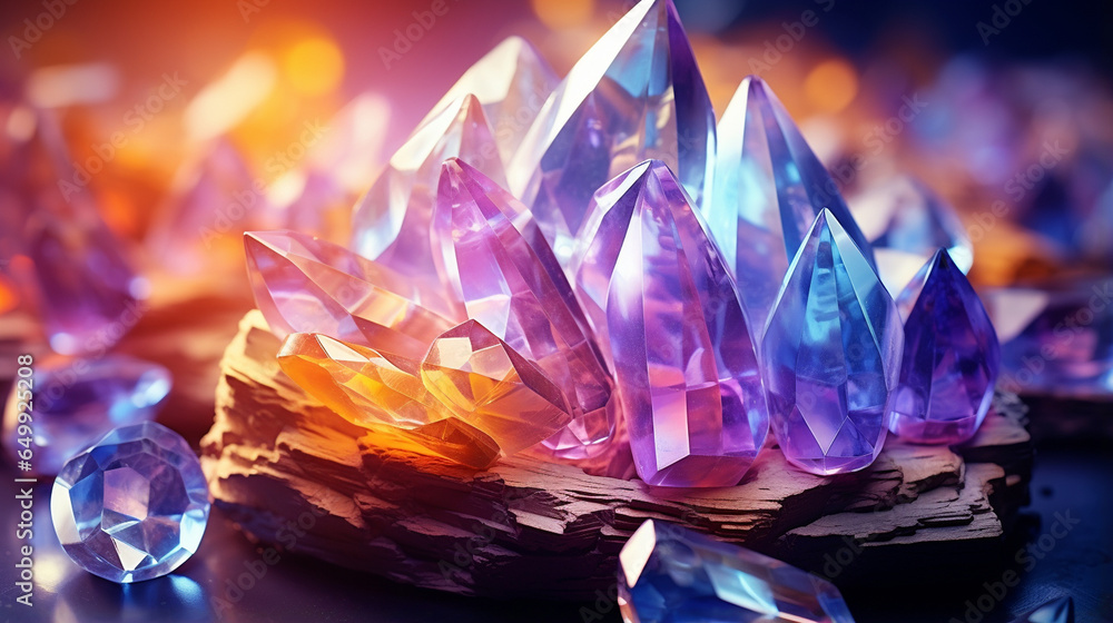 Crystal background, three-dimensional quartz gem stone growing cluster ...