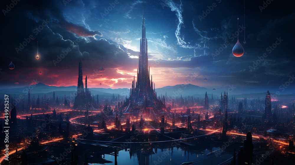 Dusk kisses sleek spires, casting a neon glow on urban arteries. A ...