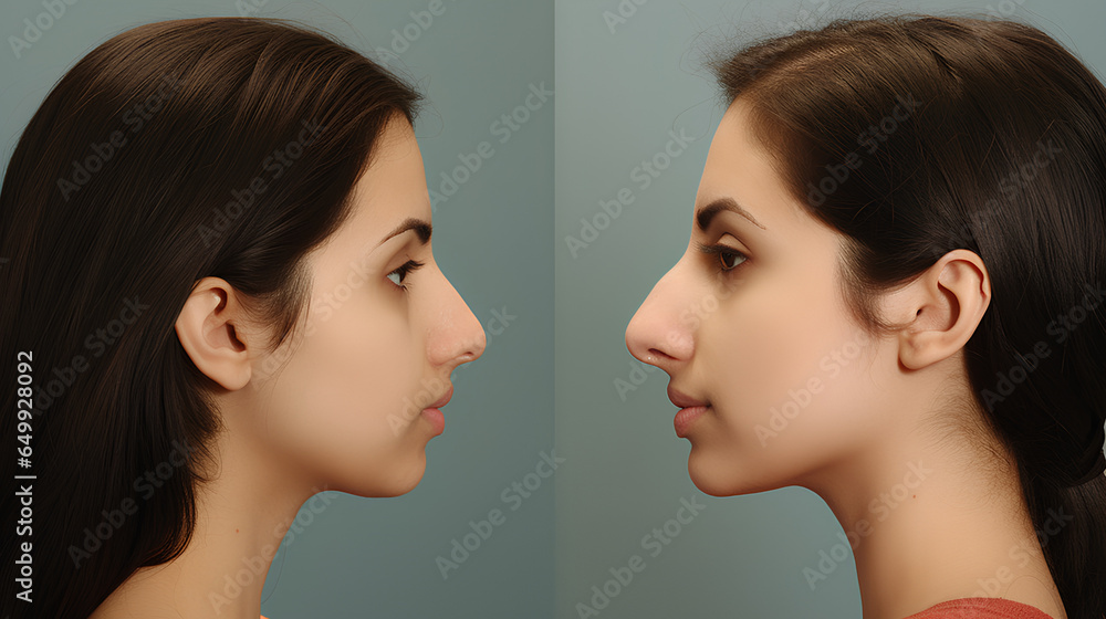 Close-up of a young woman's nose before and after surgery. Rhinoplasty ...