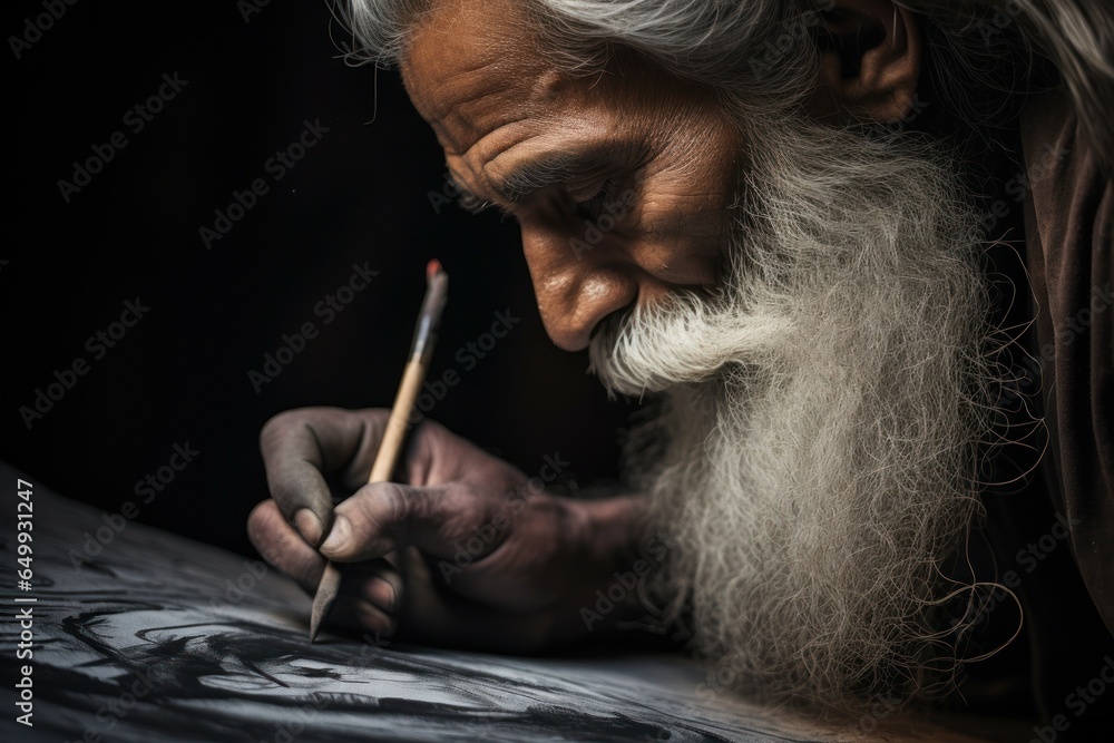 A man with a long white beard is writing on a piece of paper. This ...