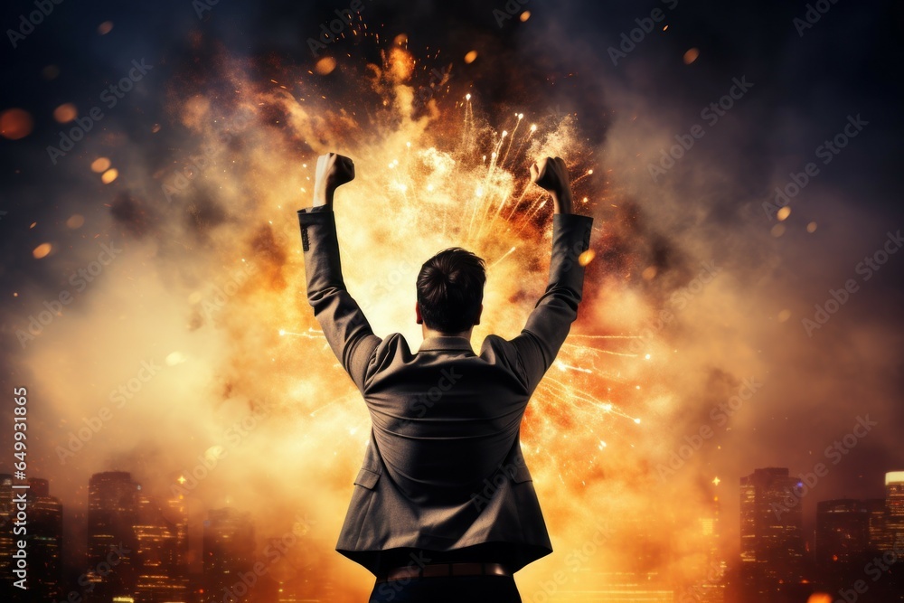 A man in a suit raising his arms in the air, expressing joy and ...