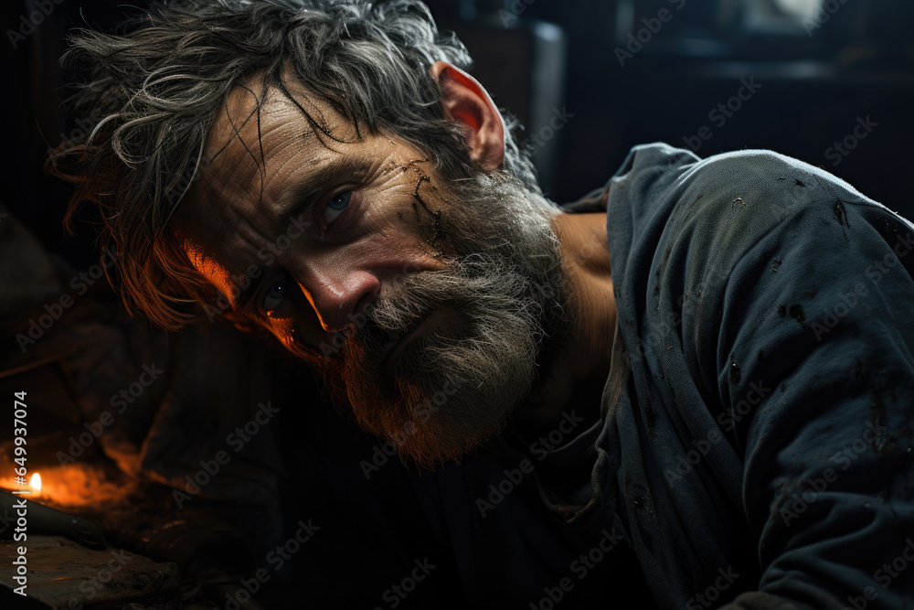 A person's tired eyes and weary expression are captured, conveying the ...