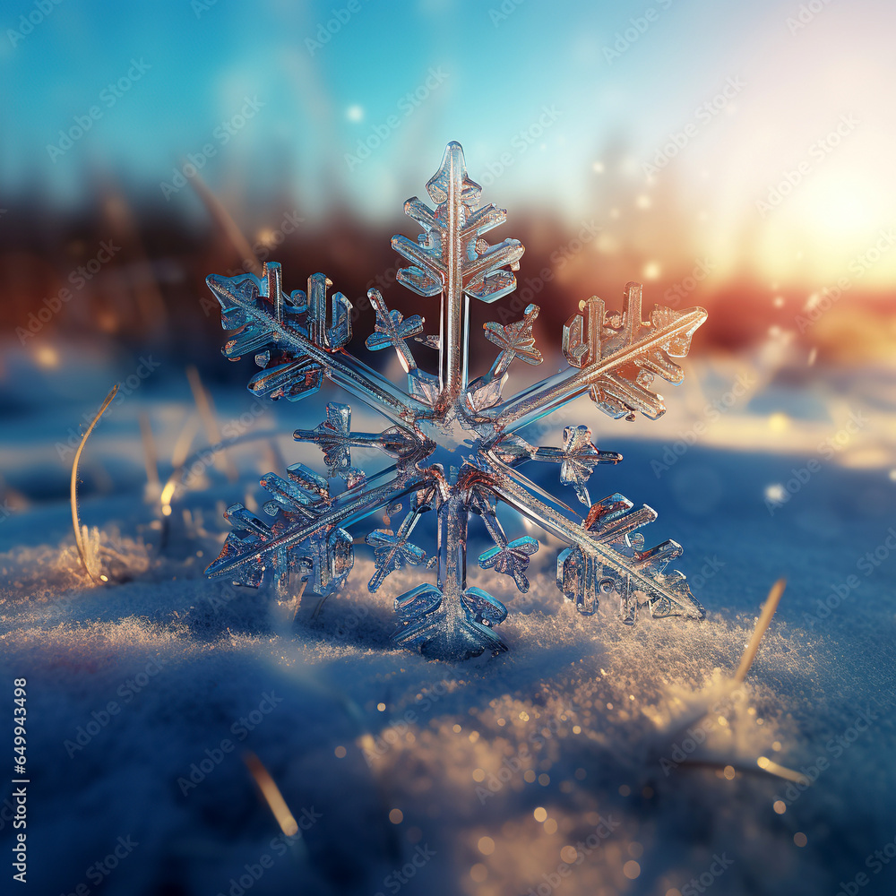 Snowflake close-up on a blurred countryside background. Winter ...