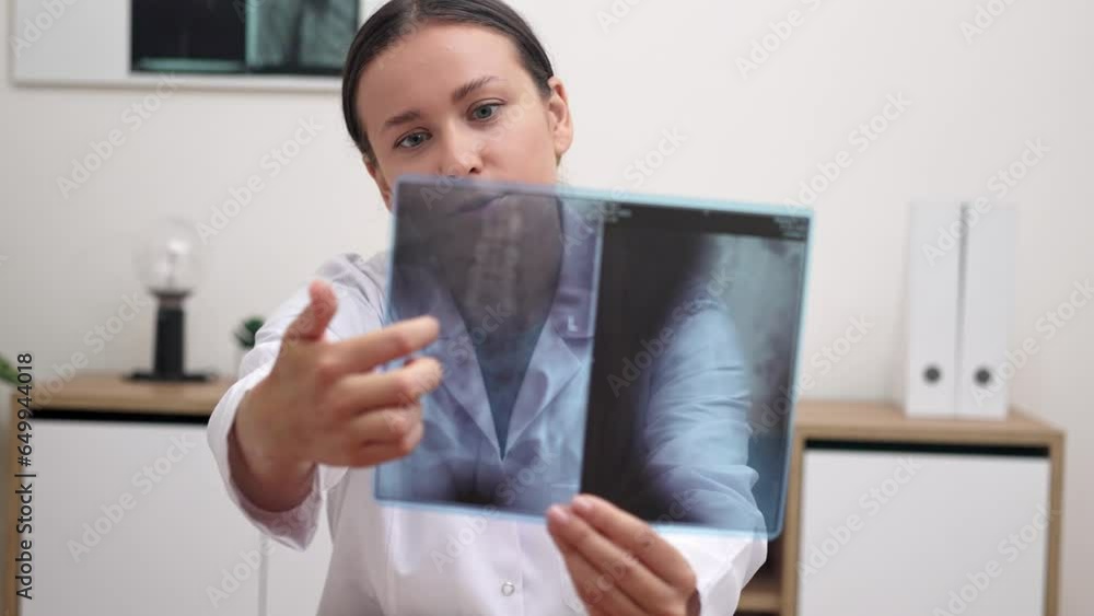 female doctor engages in a telemedicine consultation, pointing at an X ...