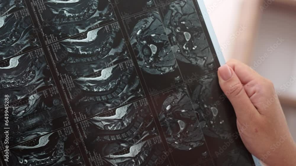 close up doctor hands examining patient X-ray films and MRI scans with ...