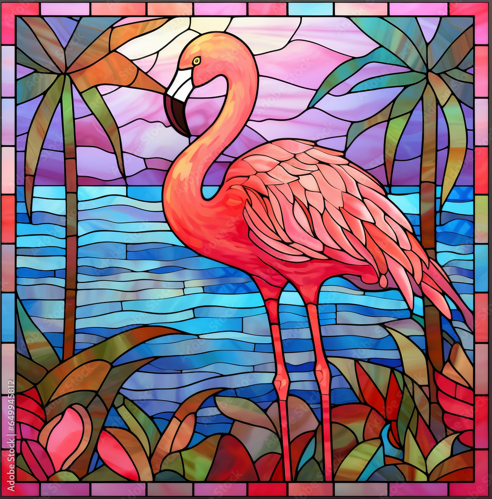 Square stained-glass illustration of a pink flamingo bird in a stained ...