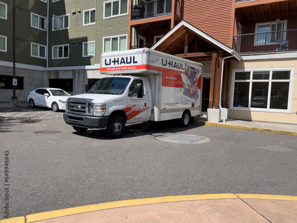 Lynnwood, WA USA - circa August 2023: Wide view of a U Haul truck ...