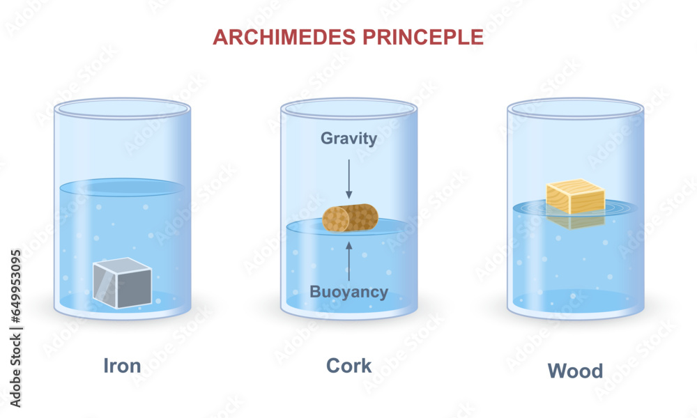 Archimedes principle experiment. Scheme with density and buoyancy of ...