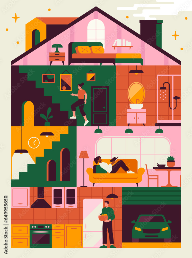 People at home poster. Banner with rooms and garage, furniture and ...