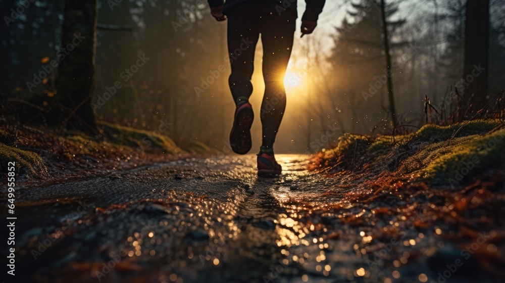 wet road through forest with blurred feet running of trail runner ...
