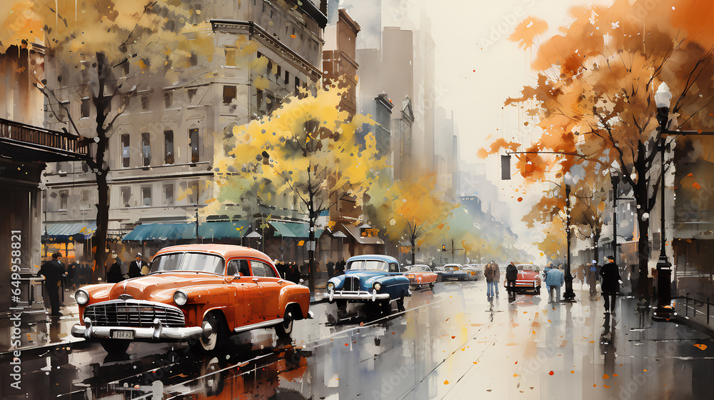 Downtown New York city. streets in the rain. new york, 1950s. ai ...