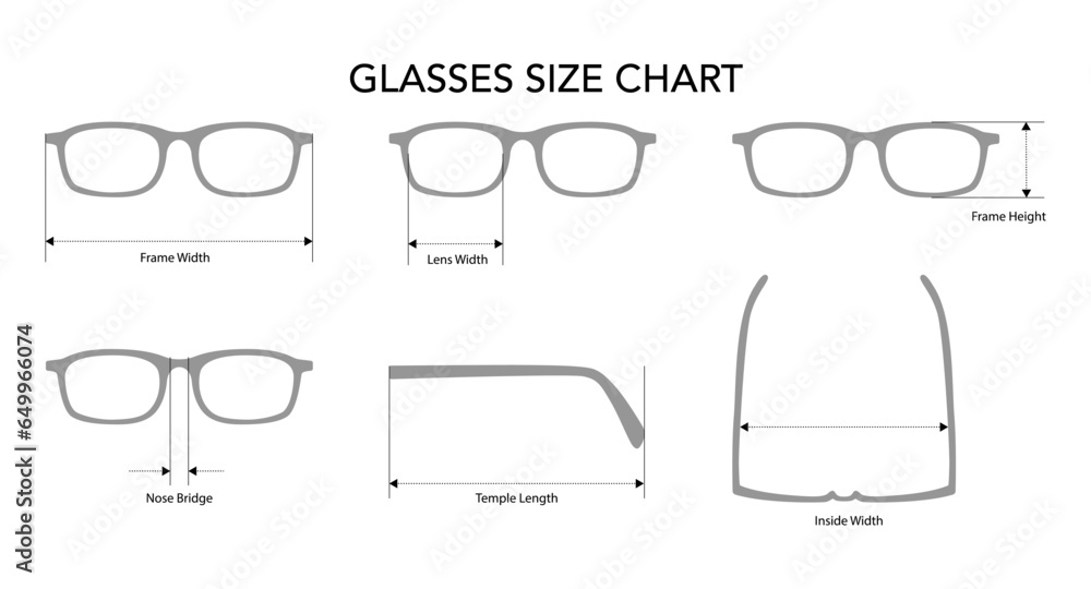 Set of Glasses Size Chart measurement Eye frame fashion medical ...