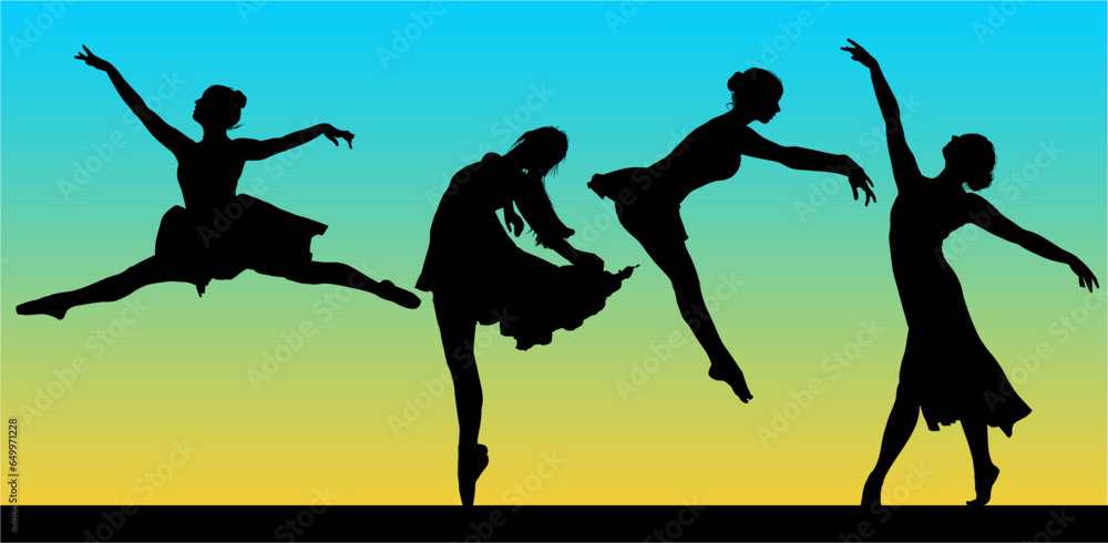 danza, baile, vector, silueta, telas, teatral, libre, mujeres Stock ...