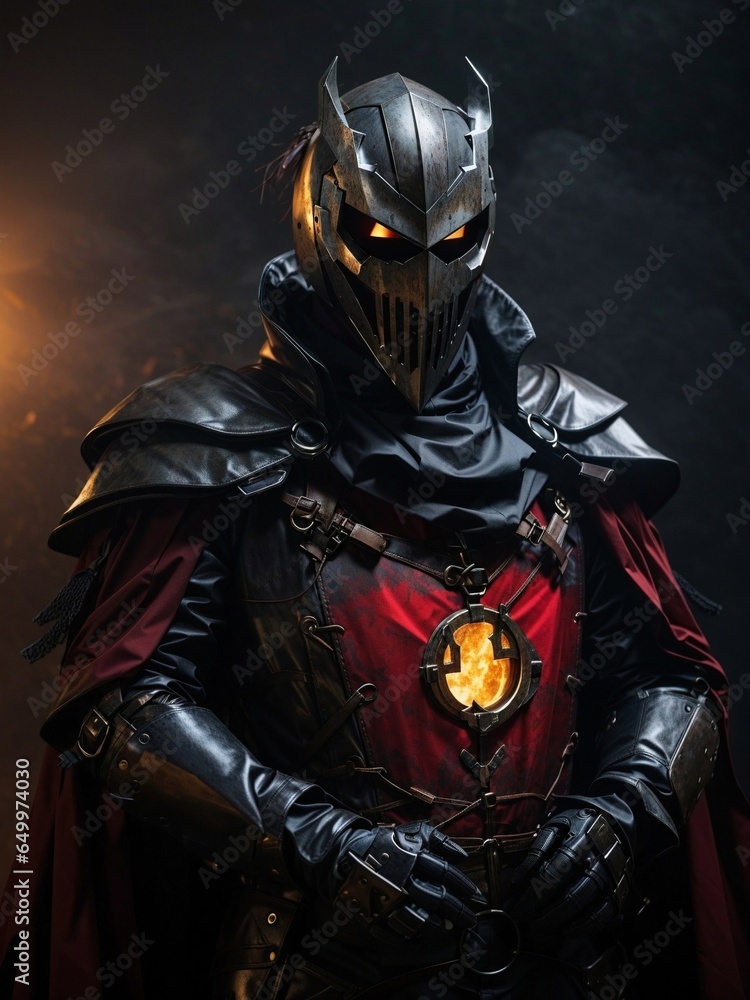 A terrifying knight, clad in sinister, black and red armor, its ...
