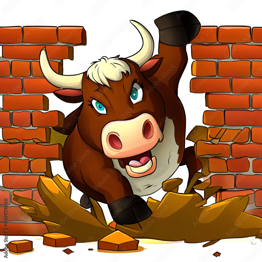 Funny Cartoon Angry Raging Horned Bull Minotaur Longhorn Cow Breaking ...