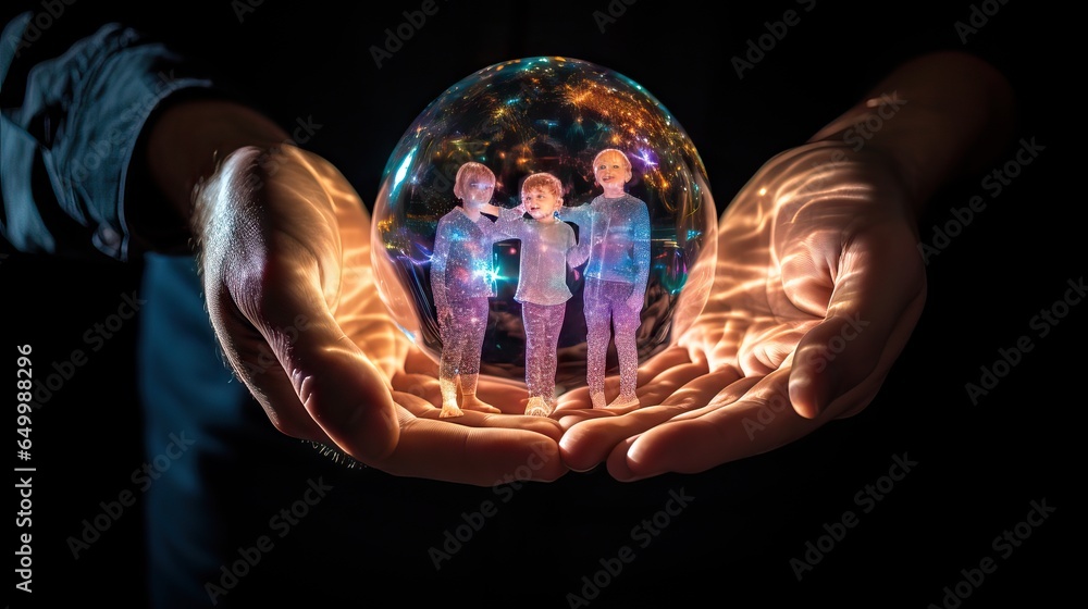 Hands tenderly hold a holographic projection of a family, encapsulating ...