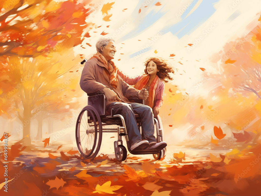 An Illustration of a Wheelchair Bound Senior Being Pushed by a Loved ...