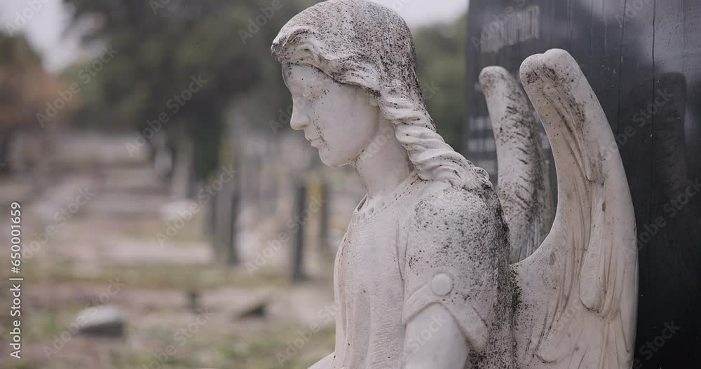 Angel statue, burial and tombstone in cemetery for death ceremony ...