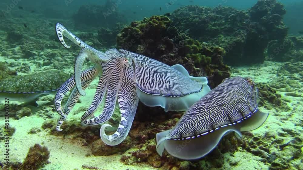 Courtship behavior of Pharaoh cuttlefish. Male and female face opposite ...